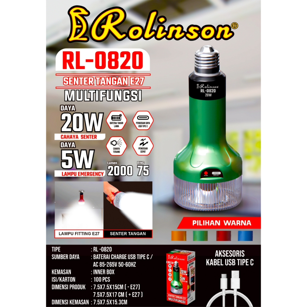 Jual Senter Tangan LED E27 Multifungsi Rolinson RL-0820 Senter 20Watt ...