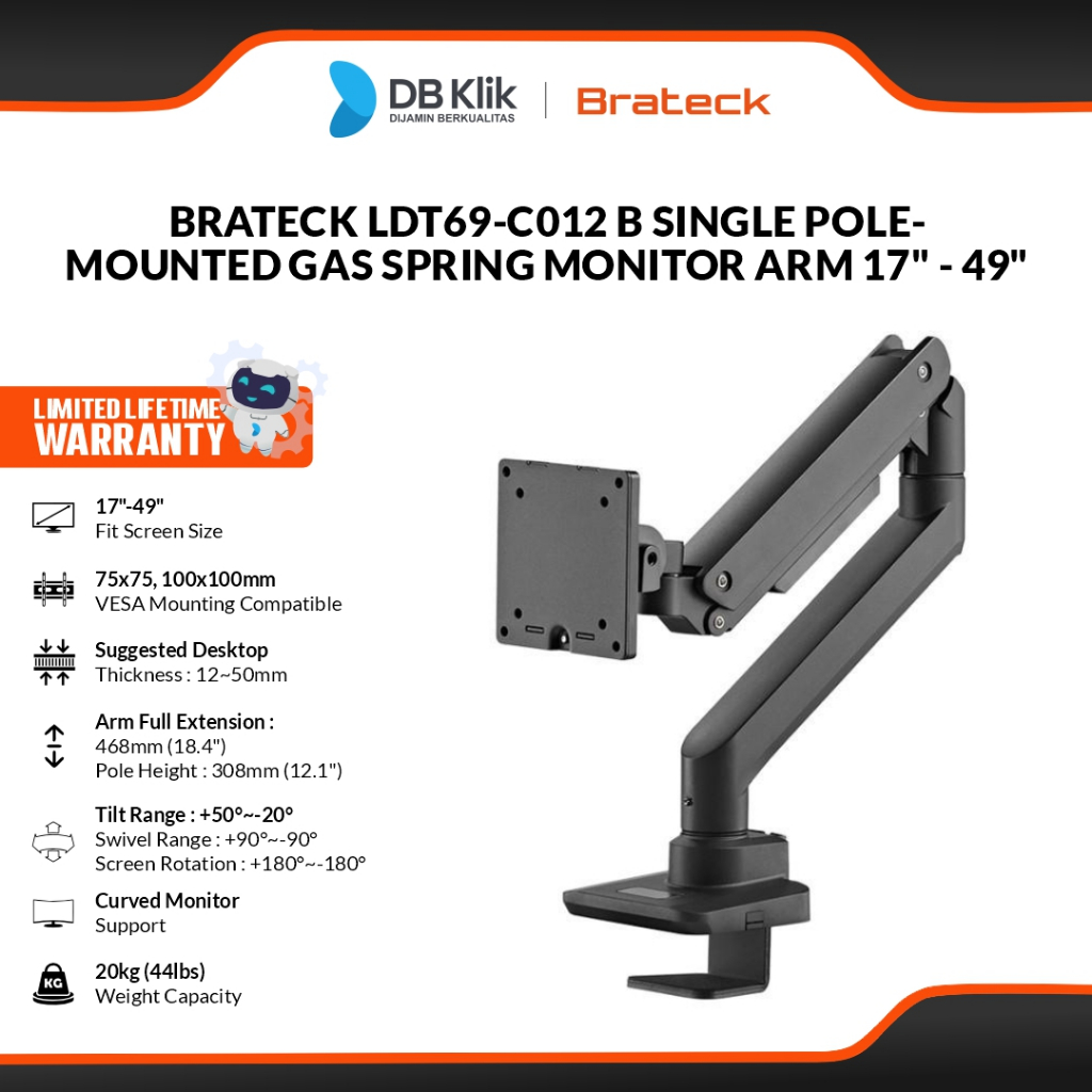 Jual Brateck LDT69-C012 Bracket Monitor Single Pole-Mounted Gas Spring ...