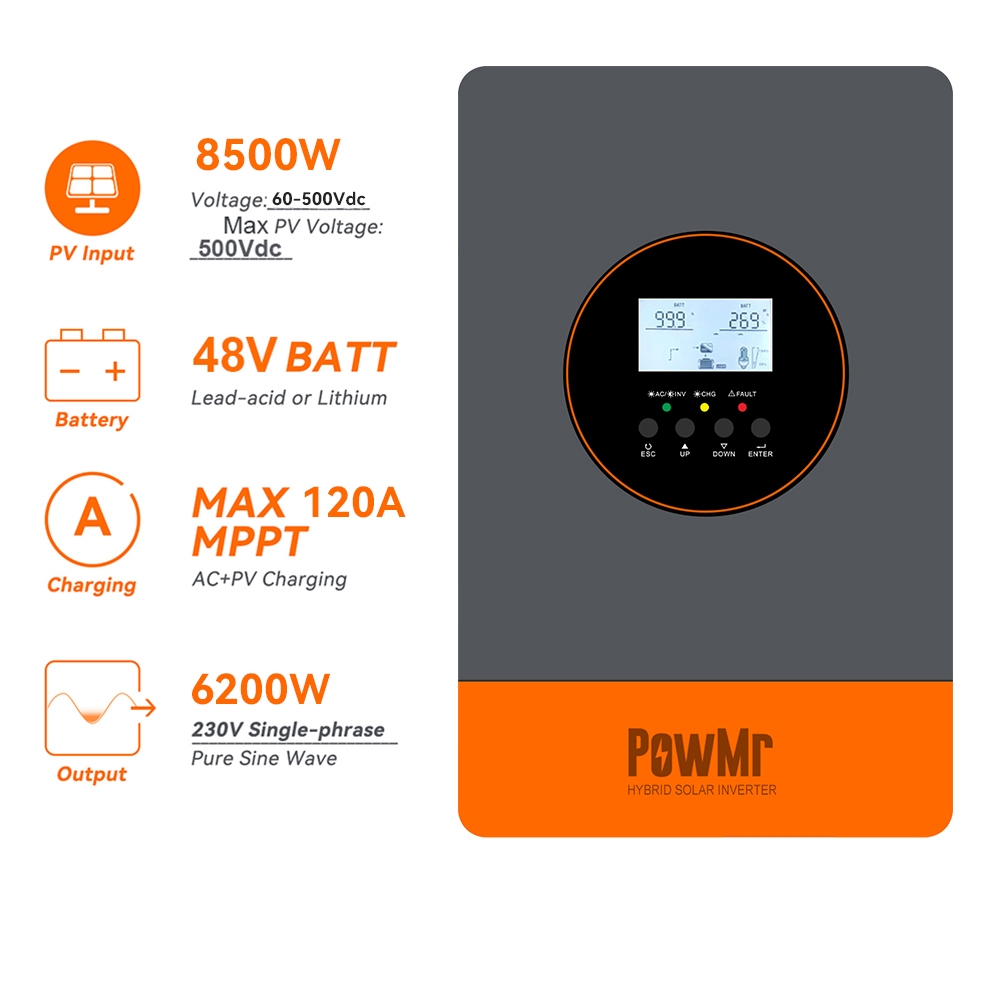 Jual PowMr 6.2KW Hybrid Solar Inverter 500Vdc Supports 48V Lifepo4 Battery Can Parallel Up to 9 ...