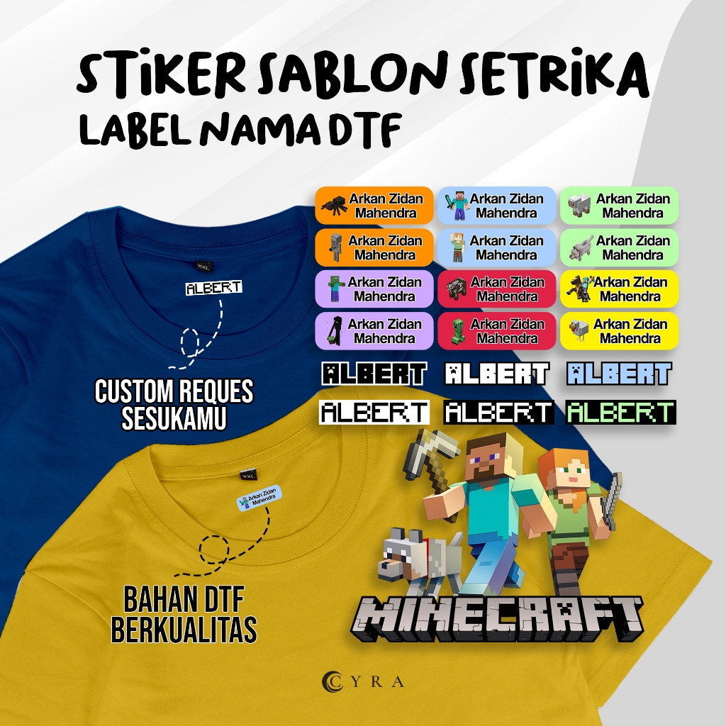 Jual STIKER SABLON KARAKTER MINECRAFT CUSTOM NAMA ANAK UNTUK KAOS LABEL ...