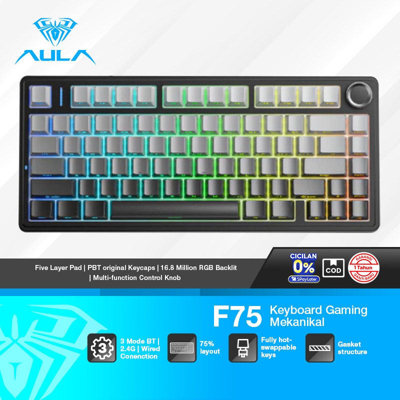Jual AULA F75 Mechanical Keyboard Gaming 75% Five Layer Pading and Knob ...