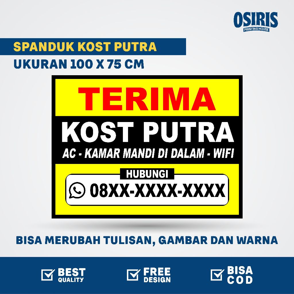 Jual CETAK SPANDUK/BANNER KOST PUTRA - UKURAN 100 X 75 CM | Shopee ...