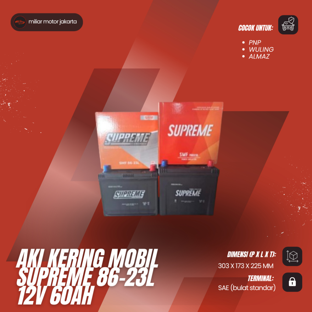 Jual Aki Kering Mobil Supreme 86-23L 12V 60Ah PNP Wuling Almaz | Shopee ...