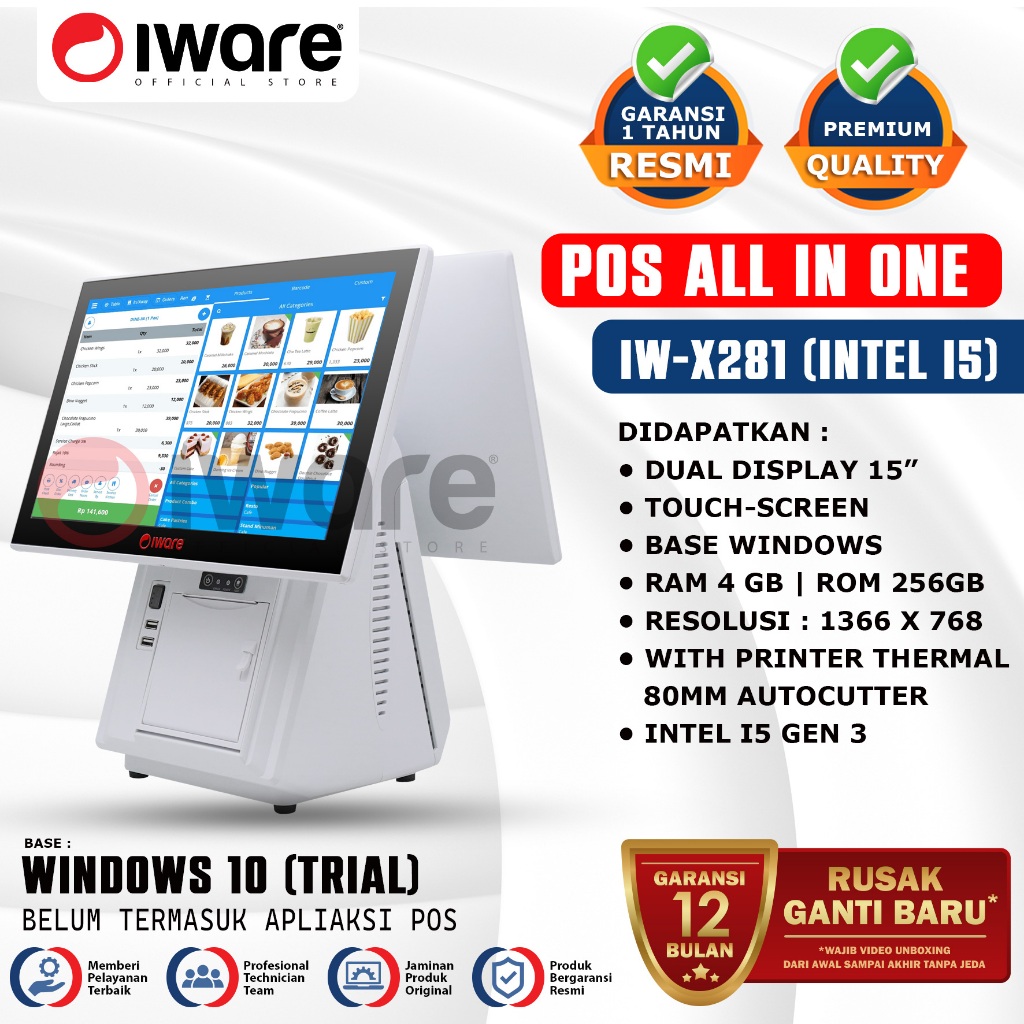 Jual Iware Mesin Kasir Pos All In One X-281 intel i5 4/256GB Touchscreen Dual Layar 15'6" Inlude ...