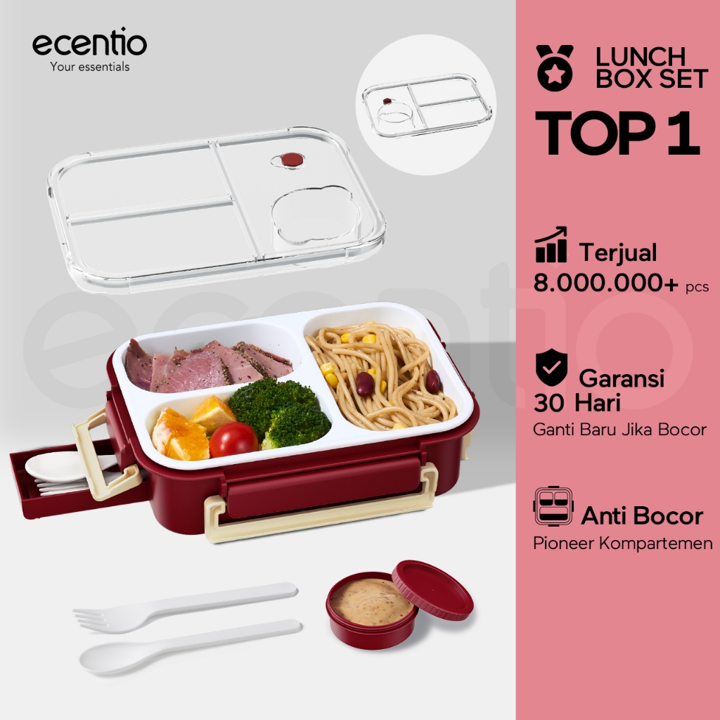 Jual ecentio lunch box Merah 800ml sekat 3 dengan sendok sumpit free ...