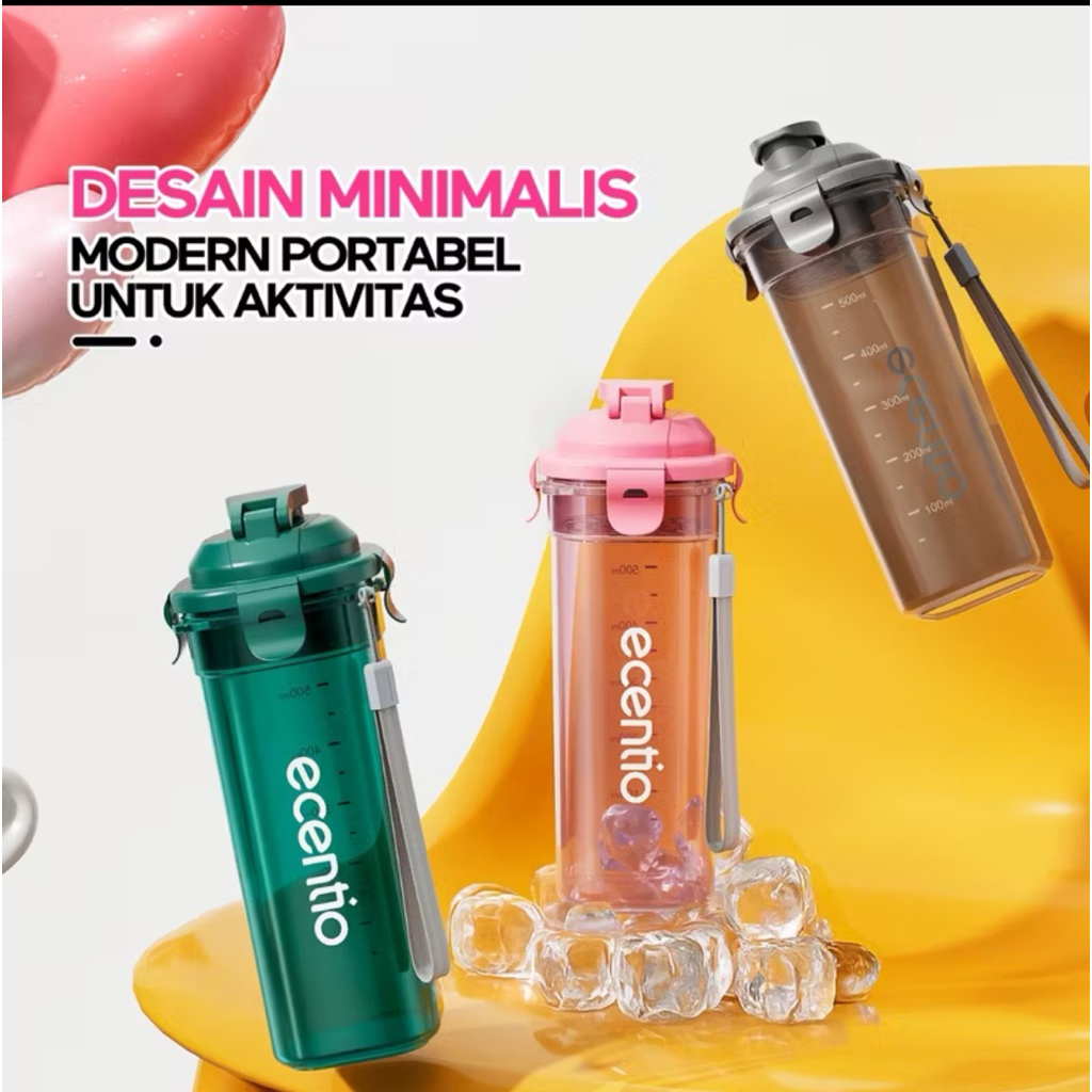 Jual ECENTIO botol air minum Portable 500ml Olahraga bottle tali bening ...