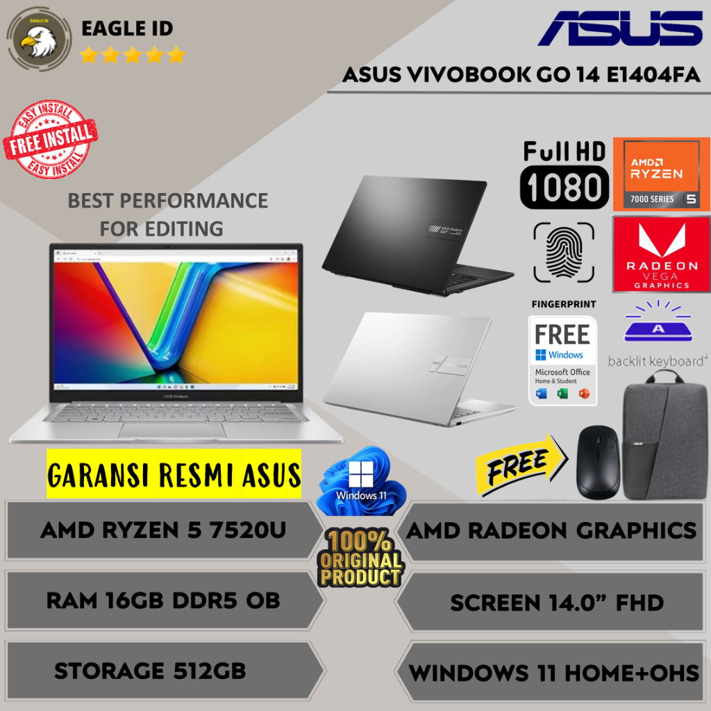 Jual (Resmi) Asus Vivobook GO 14 E1404FA AMD Ryzen 5 7520U RAM 16GB ...