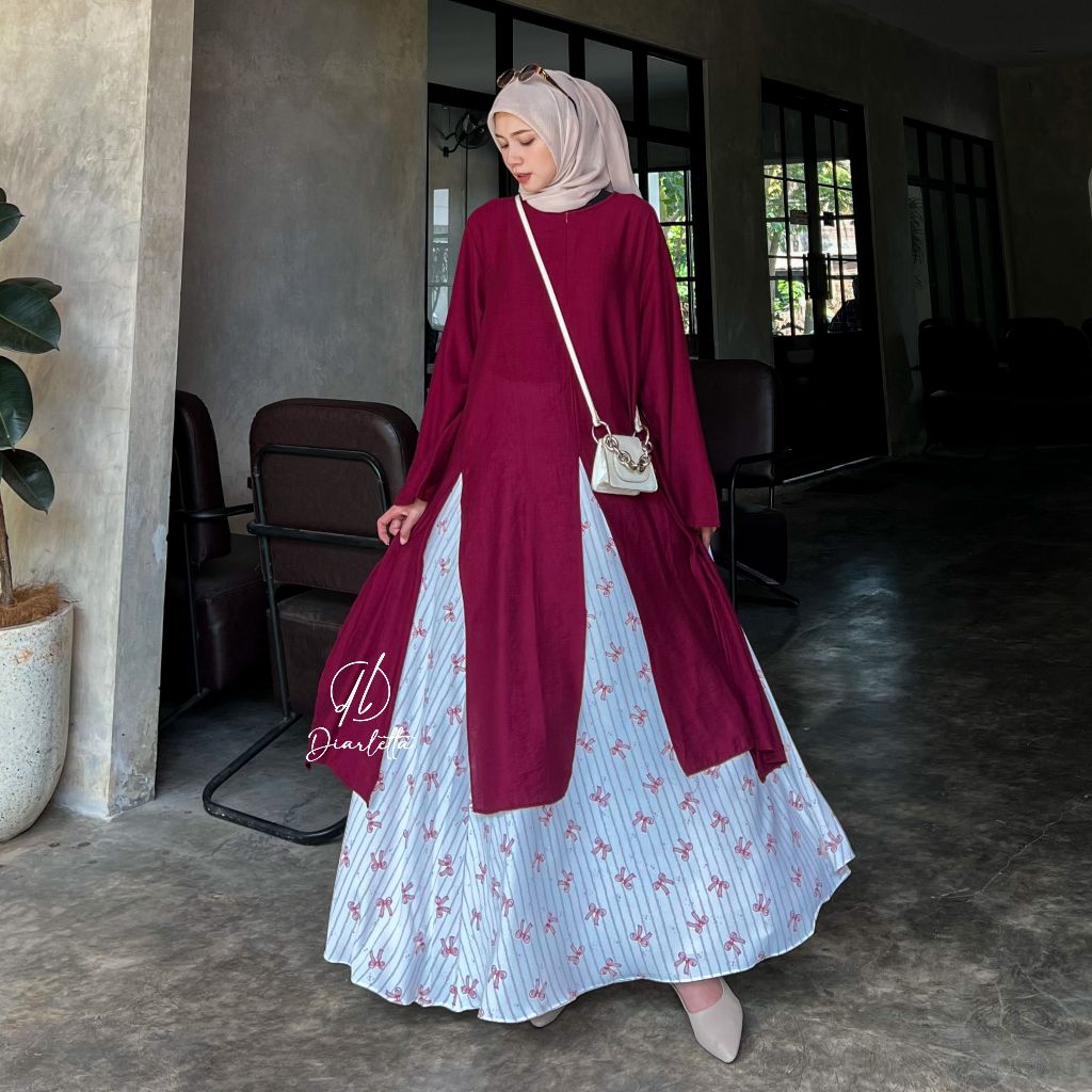 Jual Ainnaya Set Rok Polo Linen mix Airflow Printing Rok Umbrella Busui ...