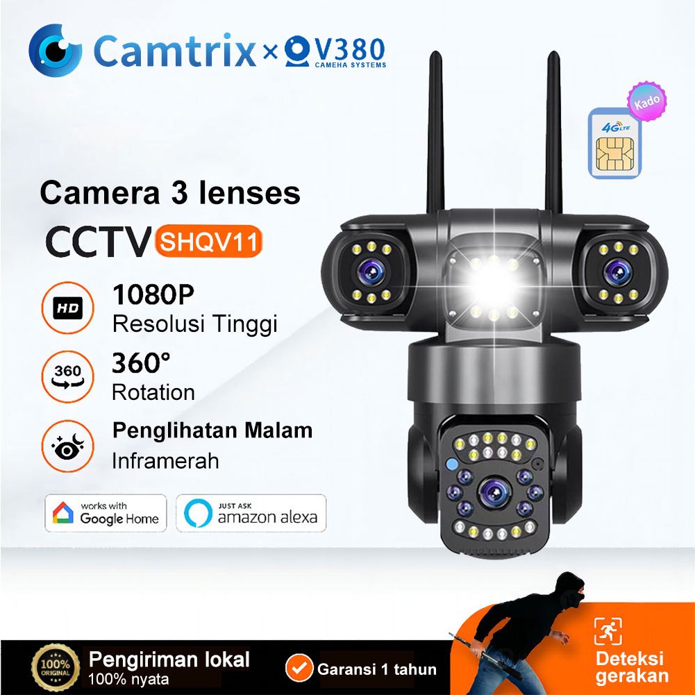 Jual Camtrix 3 lensa CCTV V380 Pro Camera Kamera CCTV 4G SIM 18MP HD Outdoor Smart Camera PTZ ...