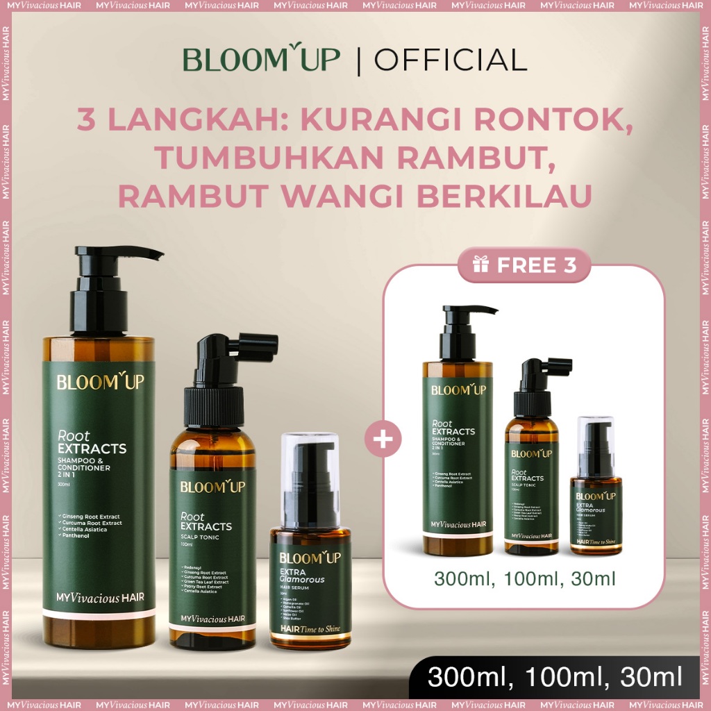 Jual Bloom Up Bundle 3 in 1 Root Extracts Shampoo + Tonic Anti Rontok + Extra Glamorous Serum ...