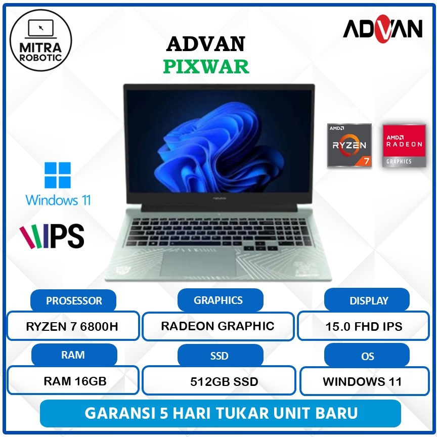 Jual Laptop Advan Pixwar Ryzen 7 6800H 16GB 512GB Radeon Graphic FHD ...