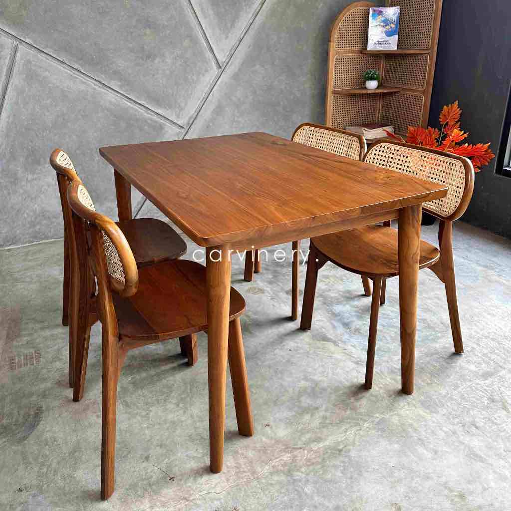 Jual Set Kursi Cafe Kacang Rotan Kayu Jati 4 Kursi Meja ukuran 120 x 80 CM | Shopee Indonesia