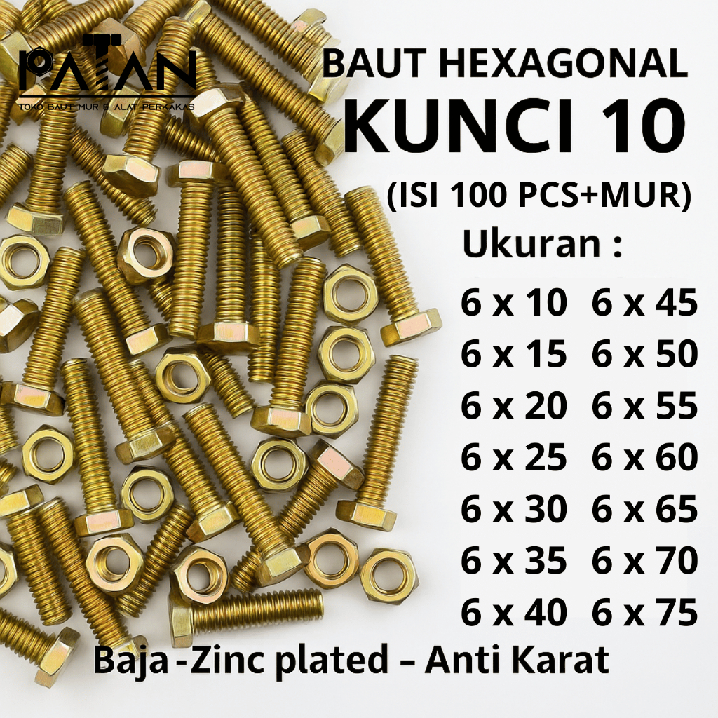 Jual [ISI 100 PCS] Baut dan Mur Besi M6 (Panjang 10-75) Kuning Kunci 10 Drat Pitch 1.00 -Baut ...