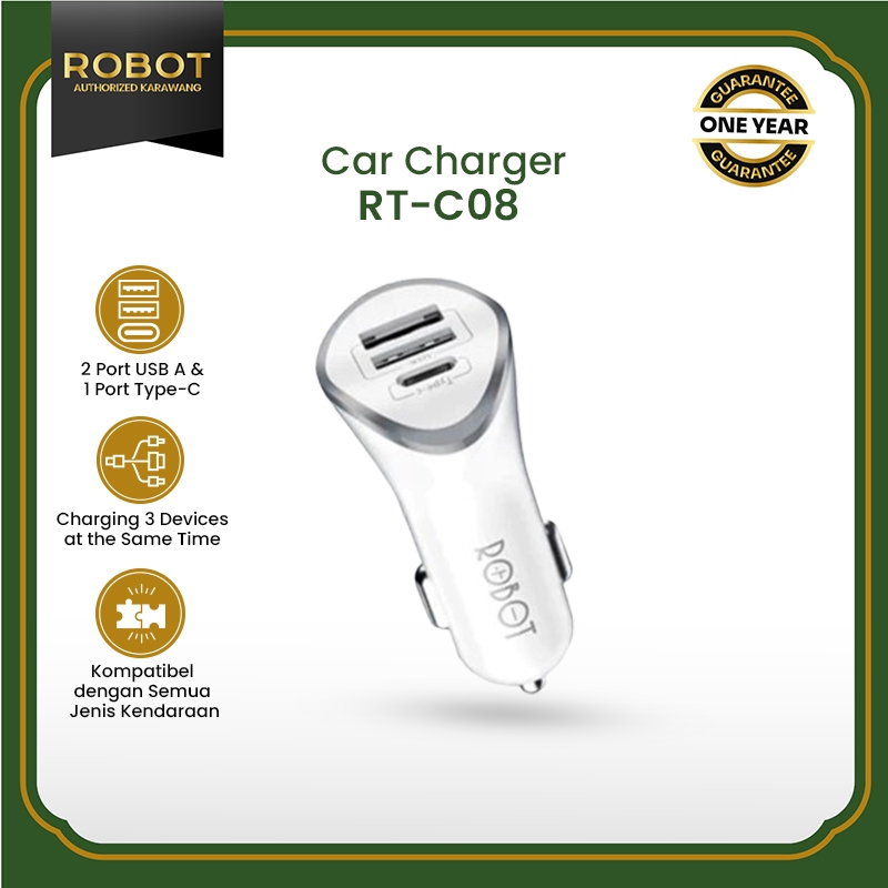 Jual ROBOT Car Charger 3 Port USB A Type C 4.8A Colokan Adaptor Charger ...