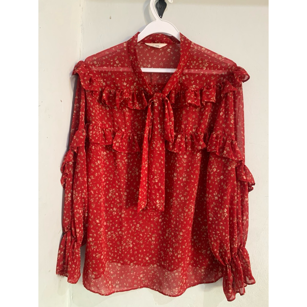Jual Blouse Sifon Preloved Ruffle Balon Merah | Shopee Indonesia