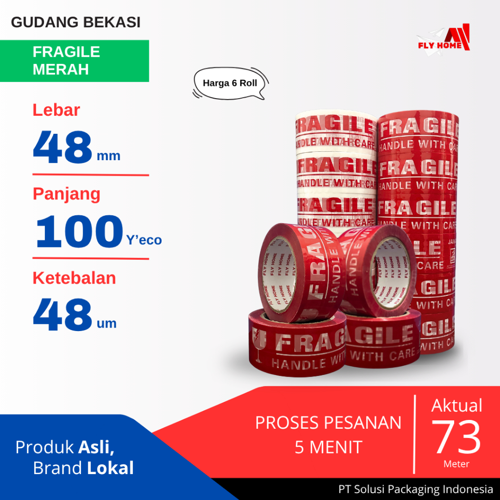 Jual FLYHOME 6Roll Lakban Fragile Merah 48x100Y 2inci Uk Besar ECO 100 ...