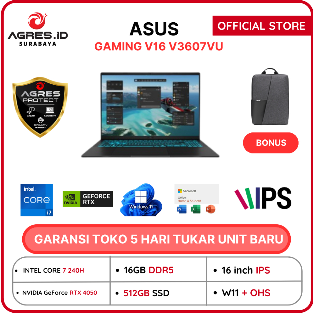 Jual ASUS GAMING V16 V3607VU CORE I7 240H RTX4050 6GB/ 16GB 512GB ...