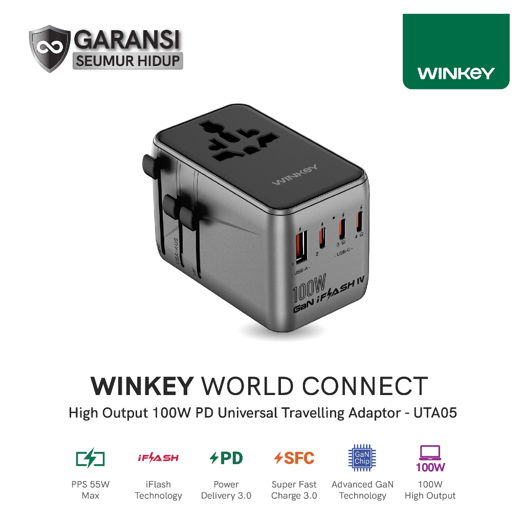 Jual WINKEY Universal Travel Adaptor 100W GAN PPS 4 Port USB & USB C -UTA05 | Shopee Indonesia