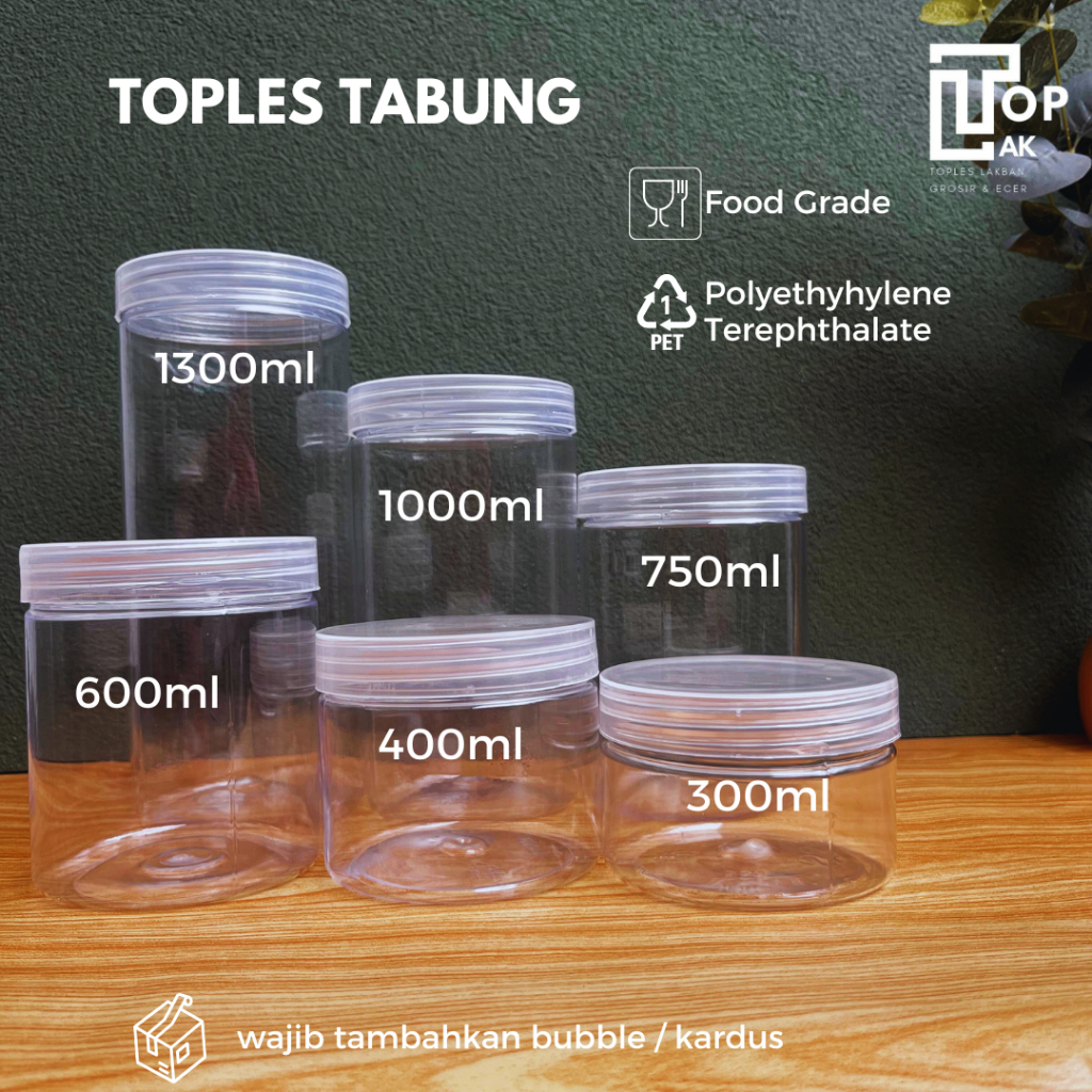 Jual Toples Plastik Tabung Bening 300ml 400ml 600ml 750ml 1000ml 1300ml Jar Silinder Toples Kue ...