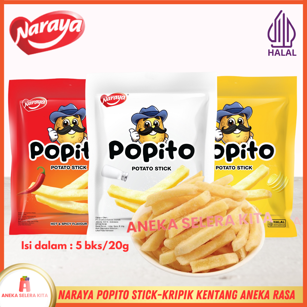 Jual Naraya Popito Potato Stick Rasa Salted, Honey Butter & Hot Spicy Halal 100g | Shopee Indonesia