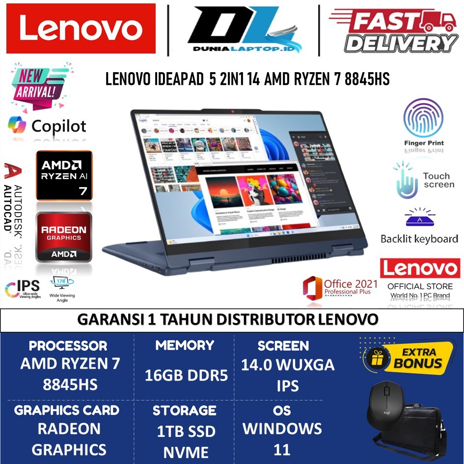 Jual Laptop 2in1 Touchscreen Lenovo Ideapad 5 AMD Ryzen 7 8845HS 16GB 1TB SSD Wuxga IPS Win11 ...