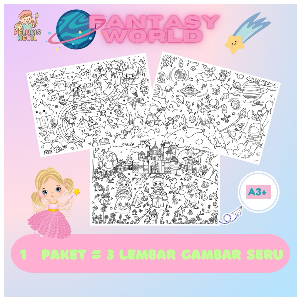 Jual Gambar Mewarnai Anak Ukuran A3+ -Tema Princess, Luar Angkasa ...