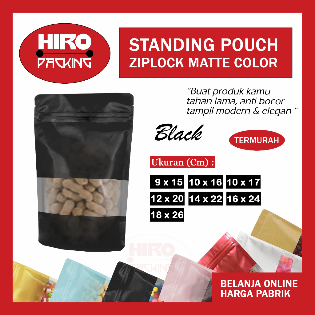 Jual Standing Pouch Plastik Ziplock Makanan Matte Color Windows Hitam ...