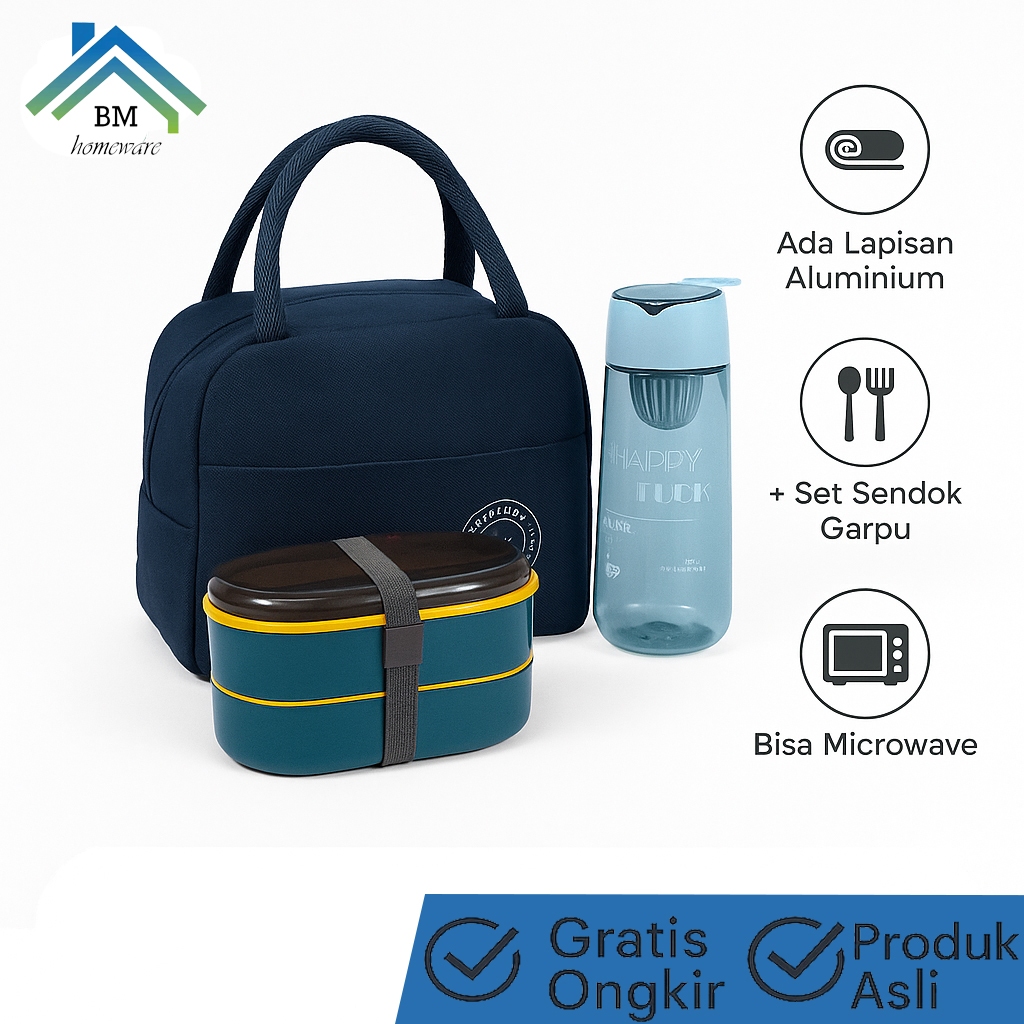Jual Kotak Makan 700ml Botol Minum 600ml dan Tas Bekal / Paket 3In1 Lunch box | Shopee Indonesia