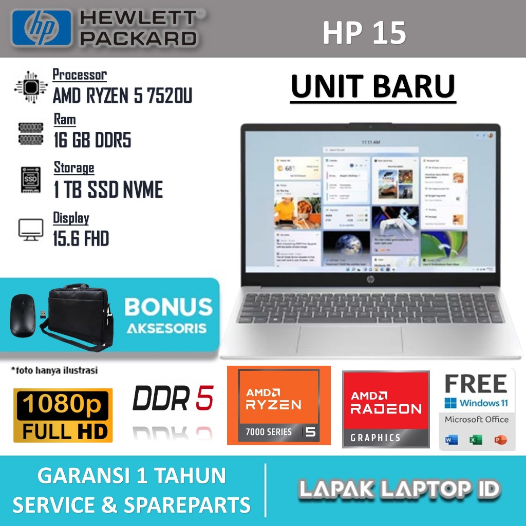 Jual Laptop Gaming Hp 15 AMD Ryzen 5 7520U Ram 16GB DDR5 1TB SSD Nvme ...