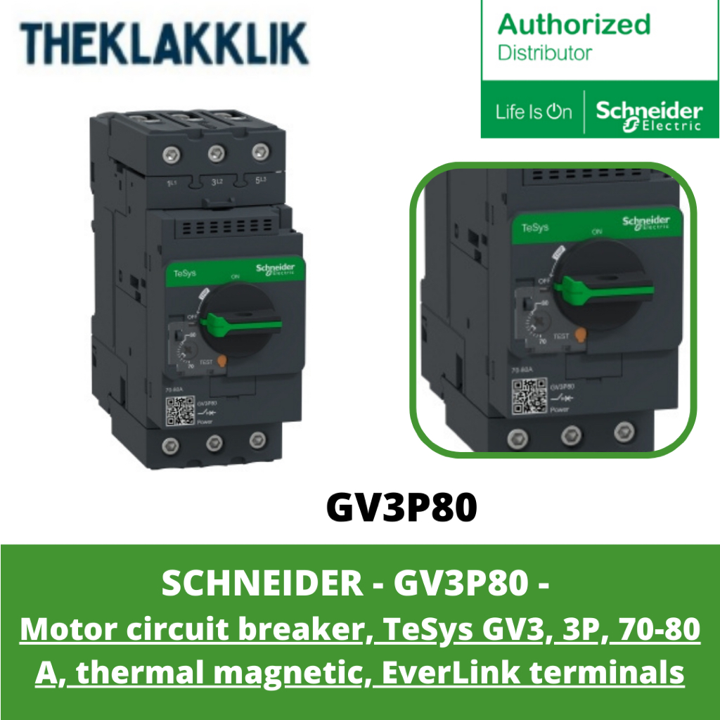 Jual SCHNEIDER - GV3P80 - Motor circuit breaker, TeSys GV3, 3P, 70-80 A ...