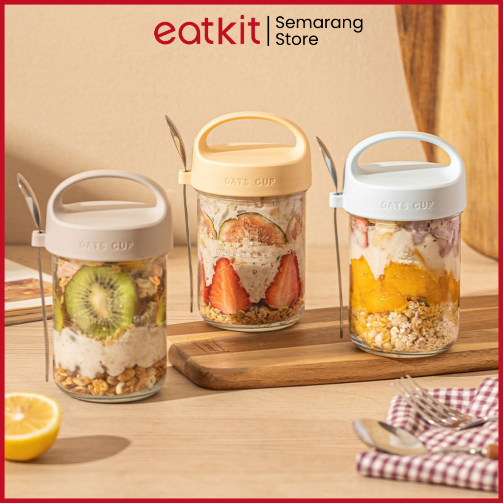 Jual Eatkit Gelas Kaca Oatmeal 350ml Dengan Tutup Anti Tumpah Free ...