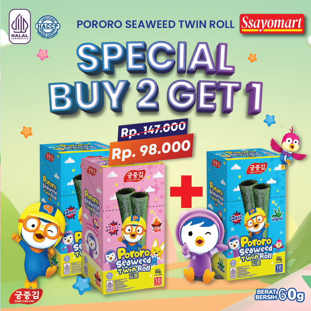 Jual (BELI 2 GRATIS 1) HALAL PORORO SEAWEED TWIN ROLL 1 BOX / SNACK ...