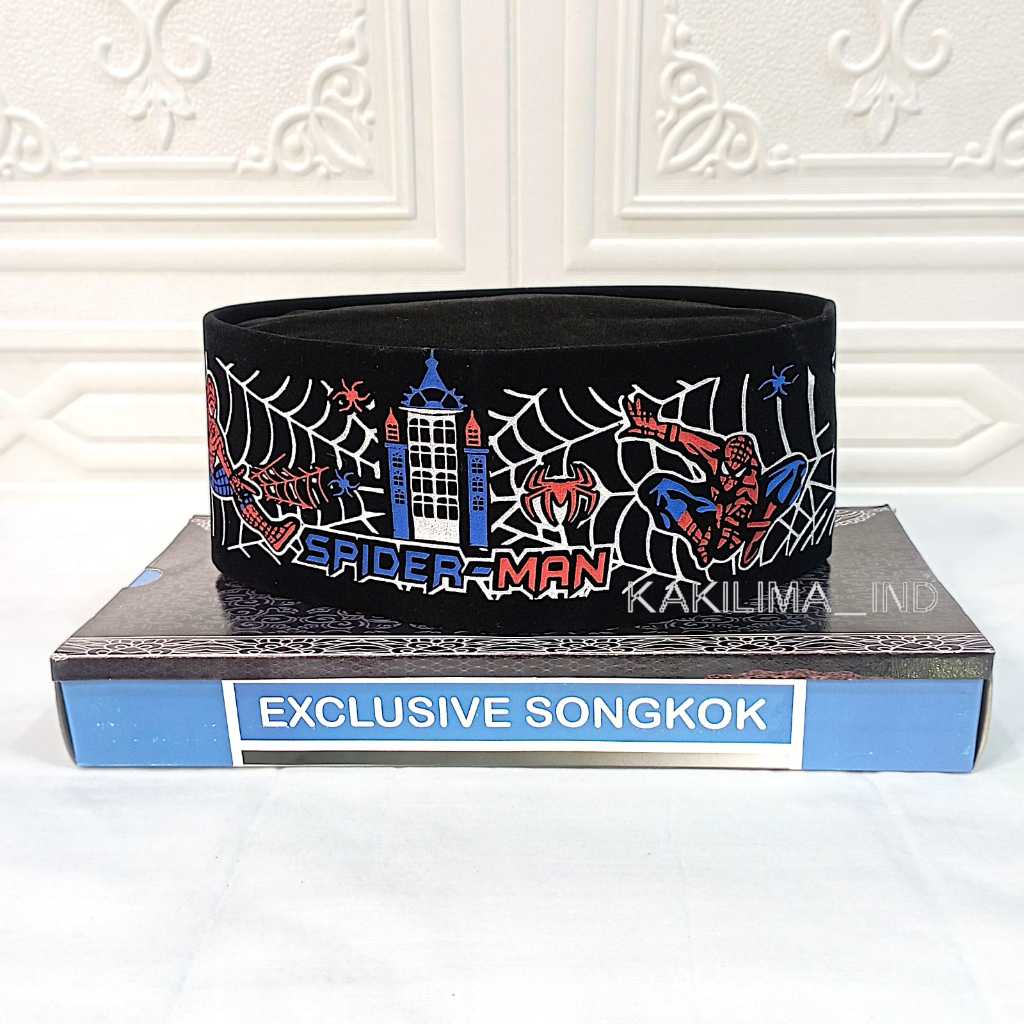 Jual Peci Songkok Kopiah Hitam Anak Motif Spiderman Bahan Beludru ...