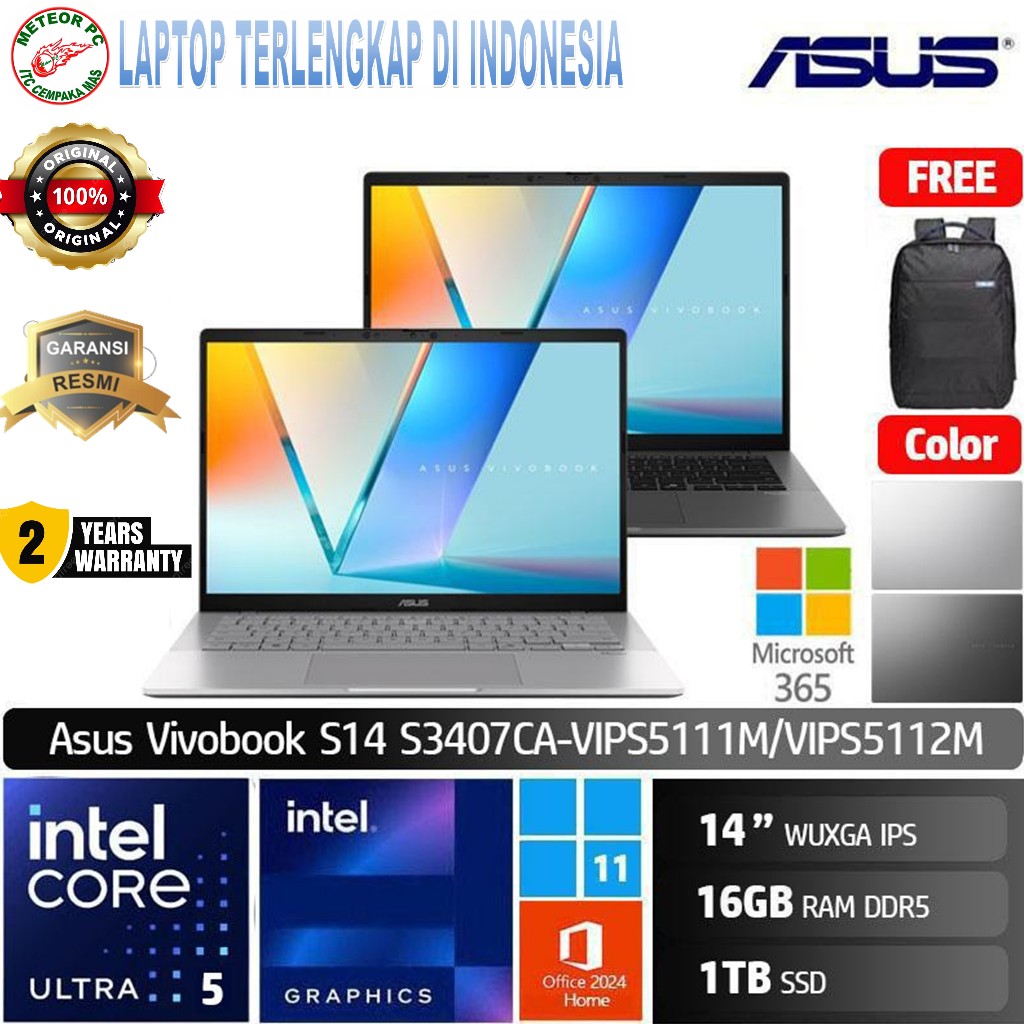 Jual Asus Vivobook S14 S3407CA VIPS5111M VIPS5112M/Intel Core Ultra 5-225H/16GB/1TB SSD/14 ...