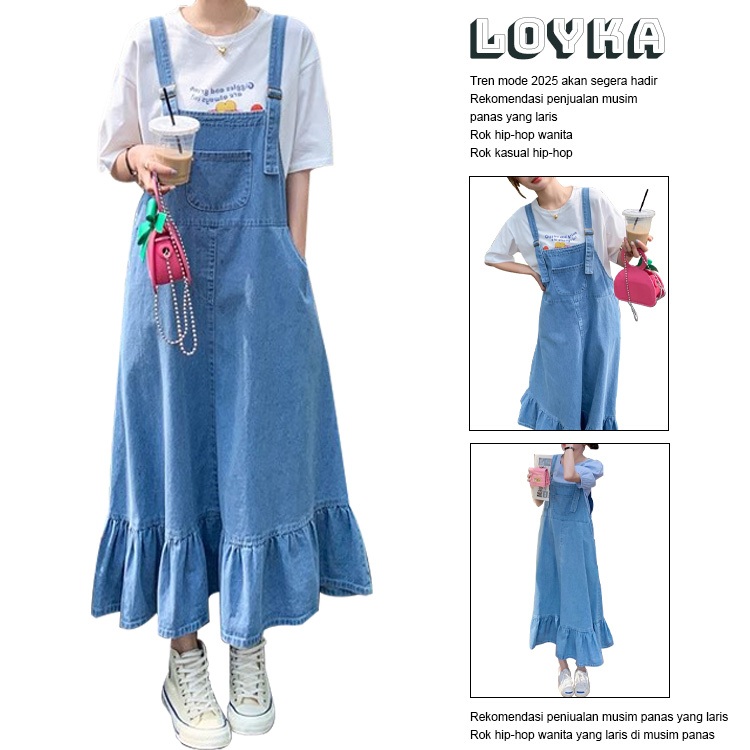Jual Loyka Dress overall denim lembut untuk wanita rok panjang Prancis ...