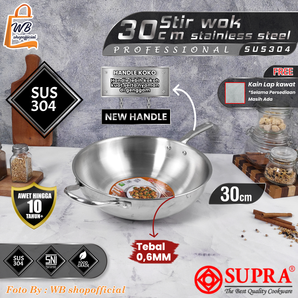 Jual SUPRA New panci Stir wok 30cm stainless SUS 304 professional ...