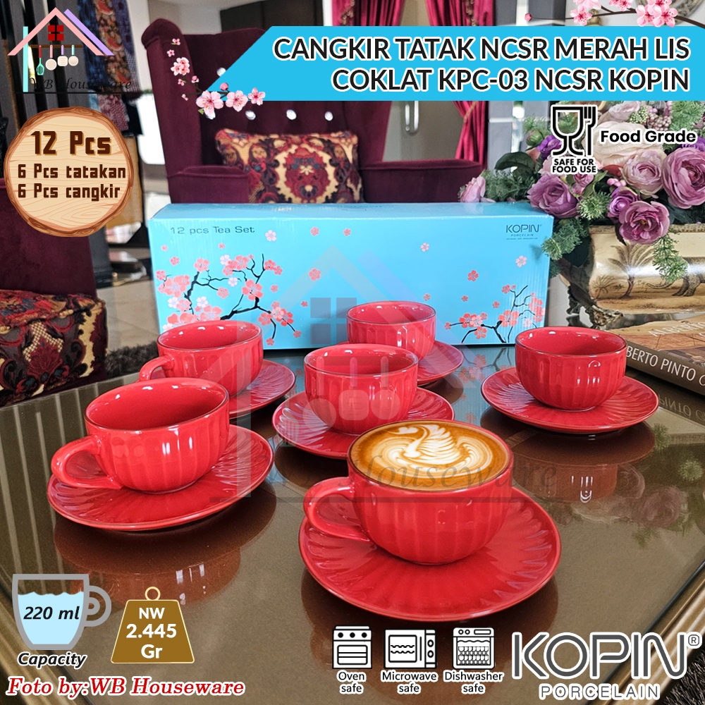 Jual cangkir set 6 pasang warna merah lis cokelat keramik porselain ...
