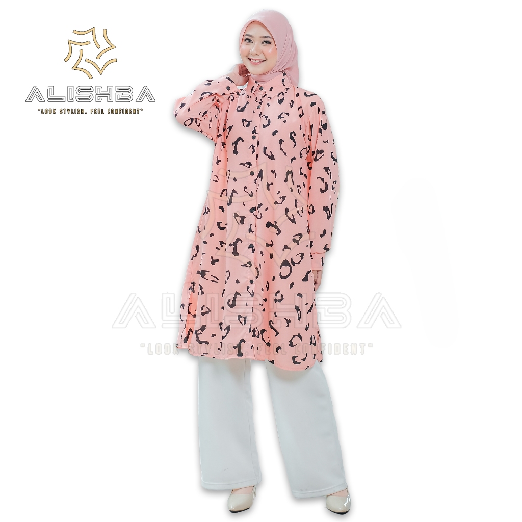 Jual ALISHBA - Tunik Wanita Motif Leopard Monokrom full kancing depan ...