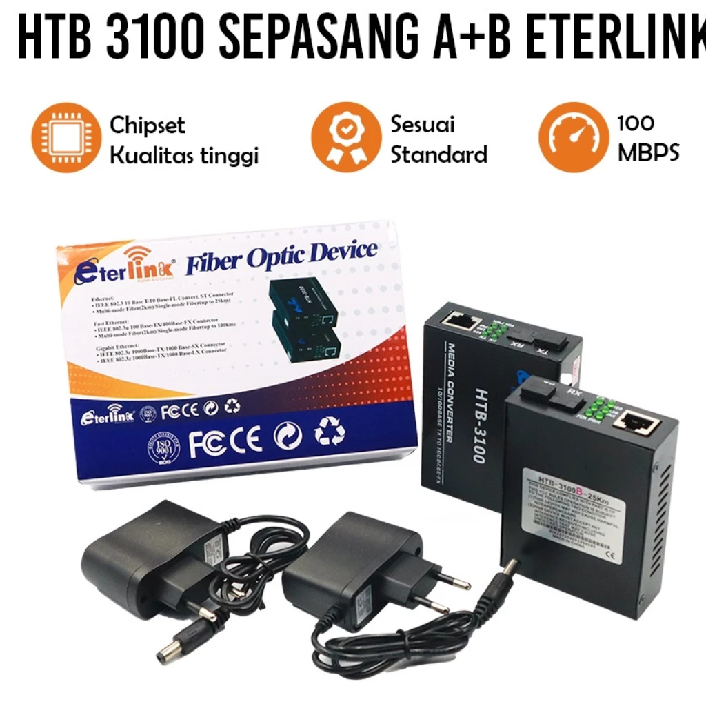 Jual Optical Media Converter HTB-3100 A+B Fiber RJ45 Eterlink 1 Pasang 25KM | Shopee Indonesia