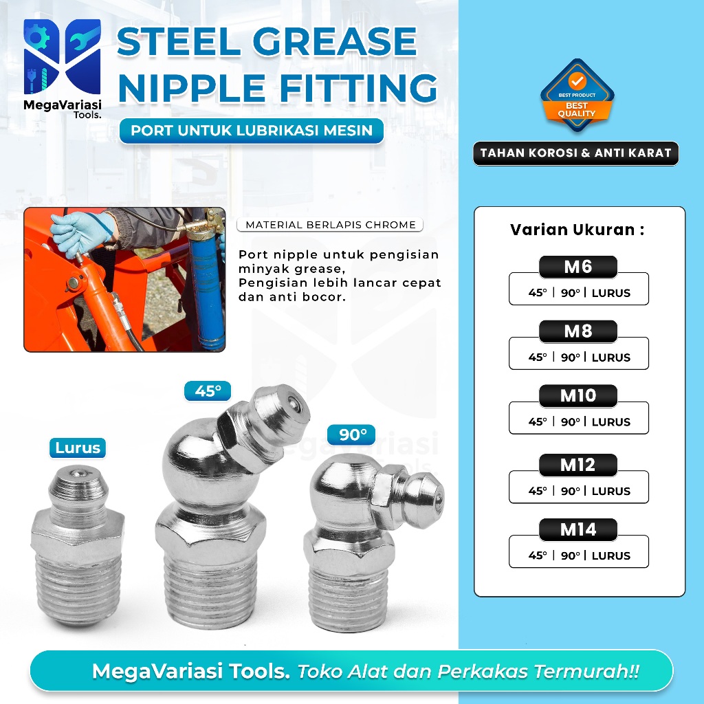 Jual NIPPLE GREASE STEEL CRHOME 6MM 8MM 10MM 12MM NEPEL LURUS/45°/90 ...