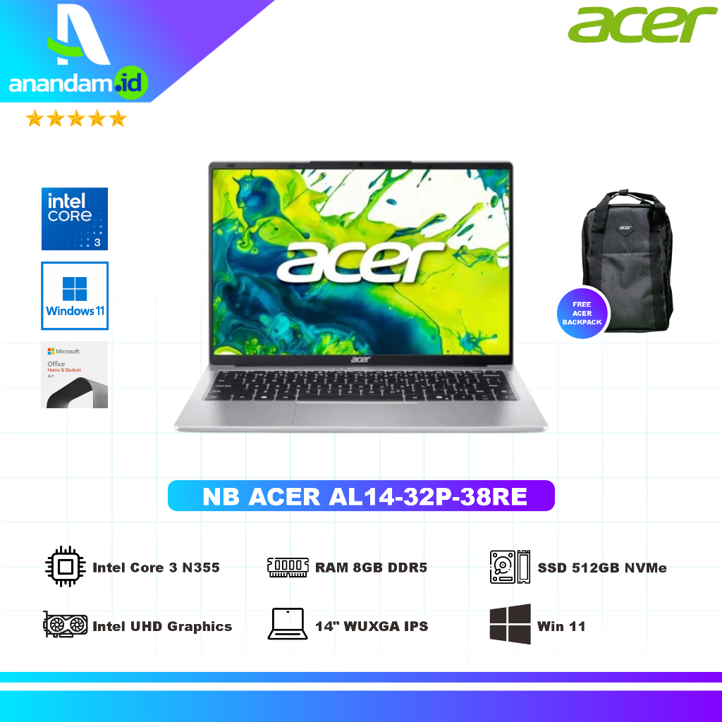 Jual ACER LAPTOP ASPIRE LITE AL14-32P-38RE 14" WUXGA INTEL CORE 3 N355 RAM 8GB STORAGE 512GB SSD ...
