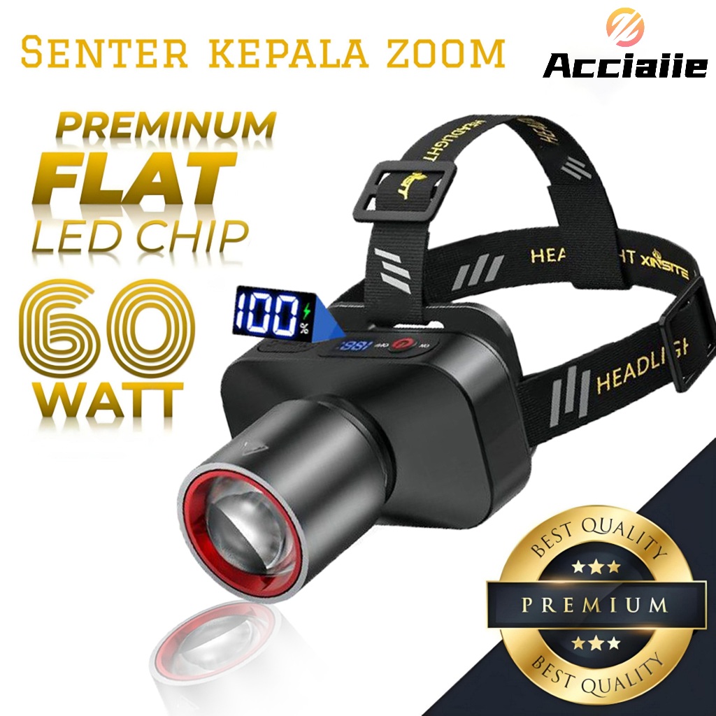 Jual Acciaiie Senter Kepala Super Terang Tampilan Digital Zoom Lampu ...