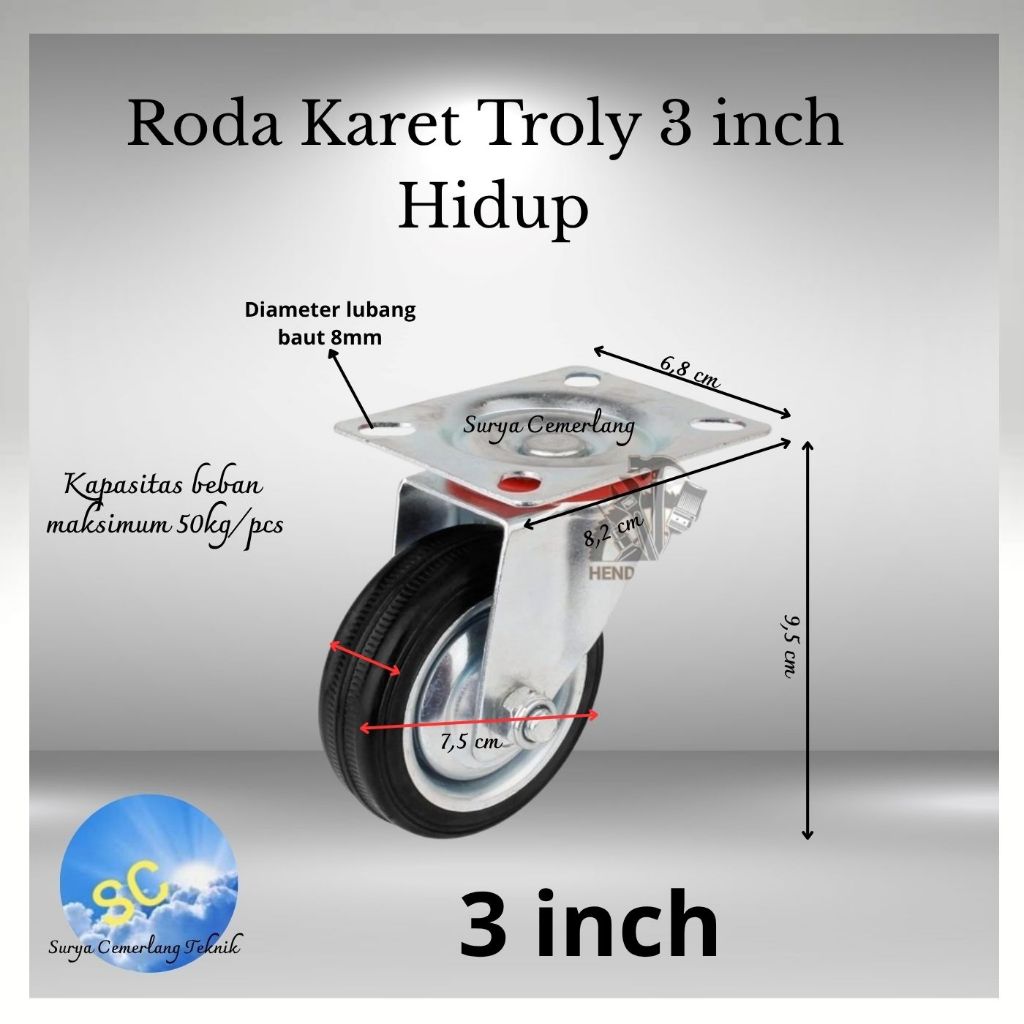 Jual Roda troli karet Hidup 3" Caster kastor 3 inch etalase troli troly ...