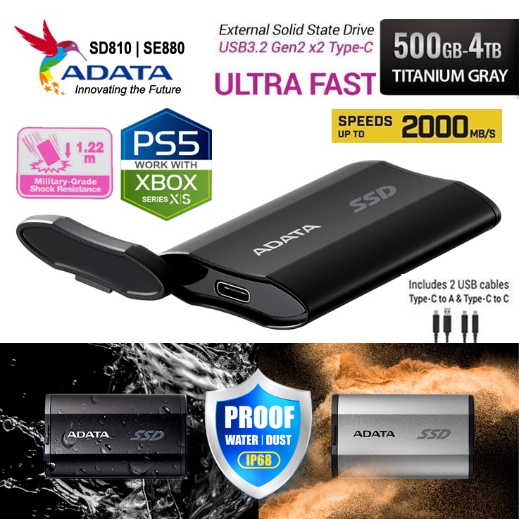Jual SSD EXTERNAL ADATA SD810 SE880 2TB 1TB 500GB 2000Mbps IP68 ...