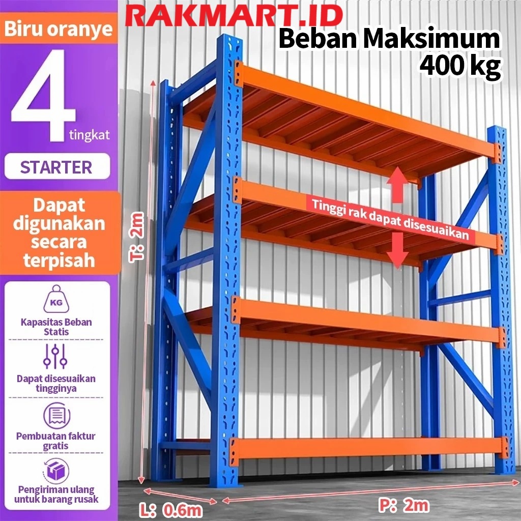 Jual Rak 4 SUSUN x 350kg Panjang 2m | 100% Steel Rack | Gudang besi ...