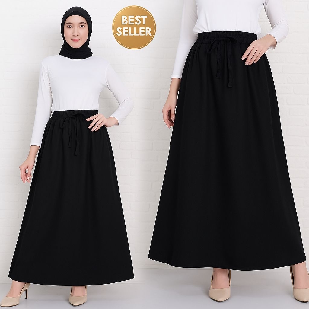 Jual Rok maxi hitam full karet pinggang / Rok A line casual dan formal ...