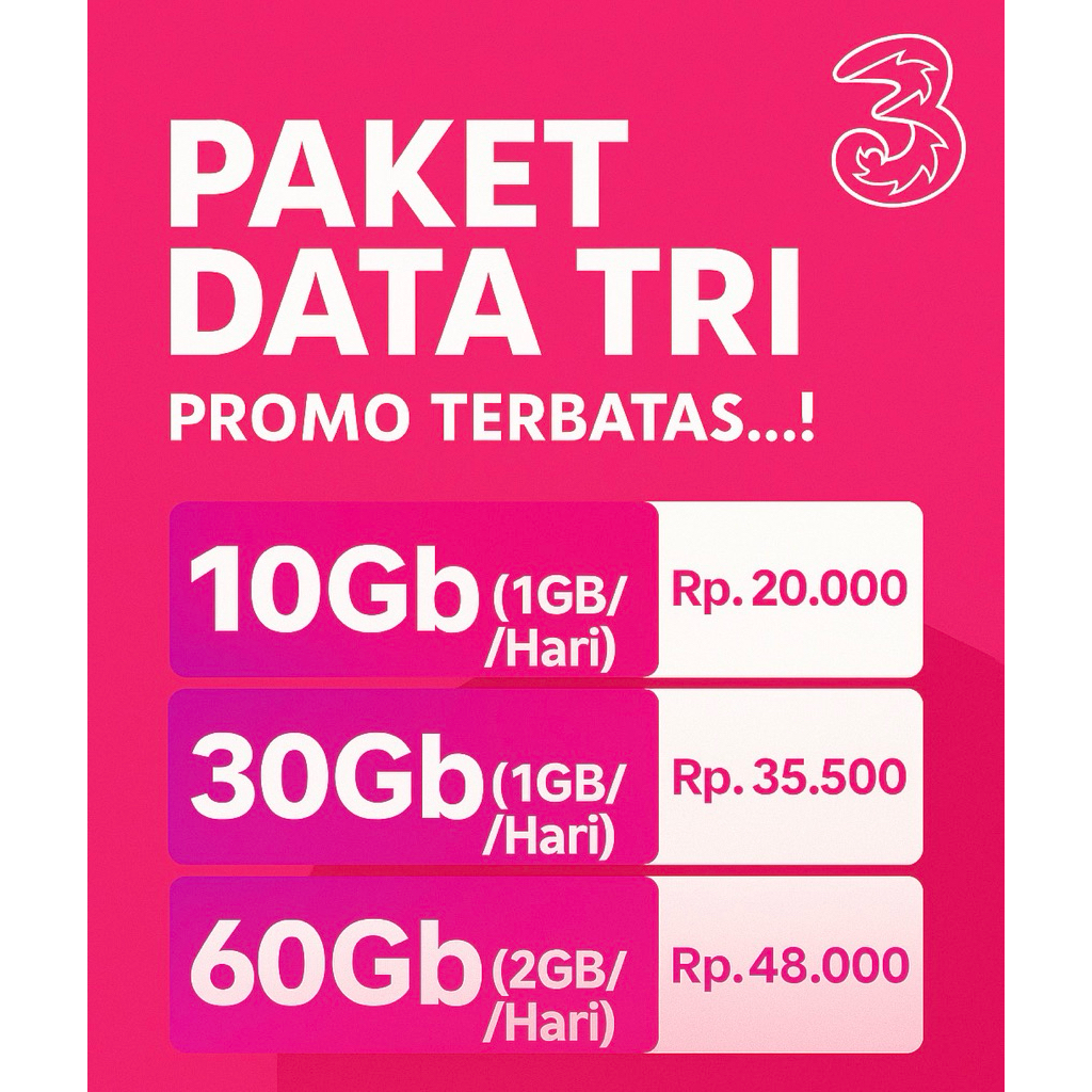 Jual Promo!!! voucher isi ulang kuota 3 / tri / three aon 1Gb bonus 1GB jaringan 4g 2gb tri aon ...