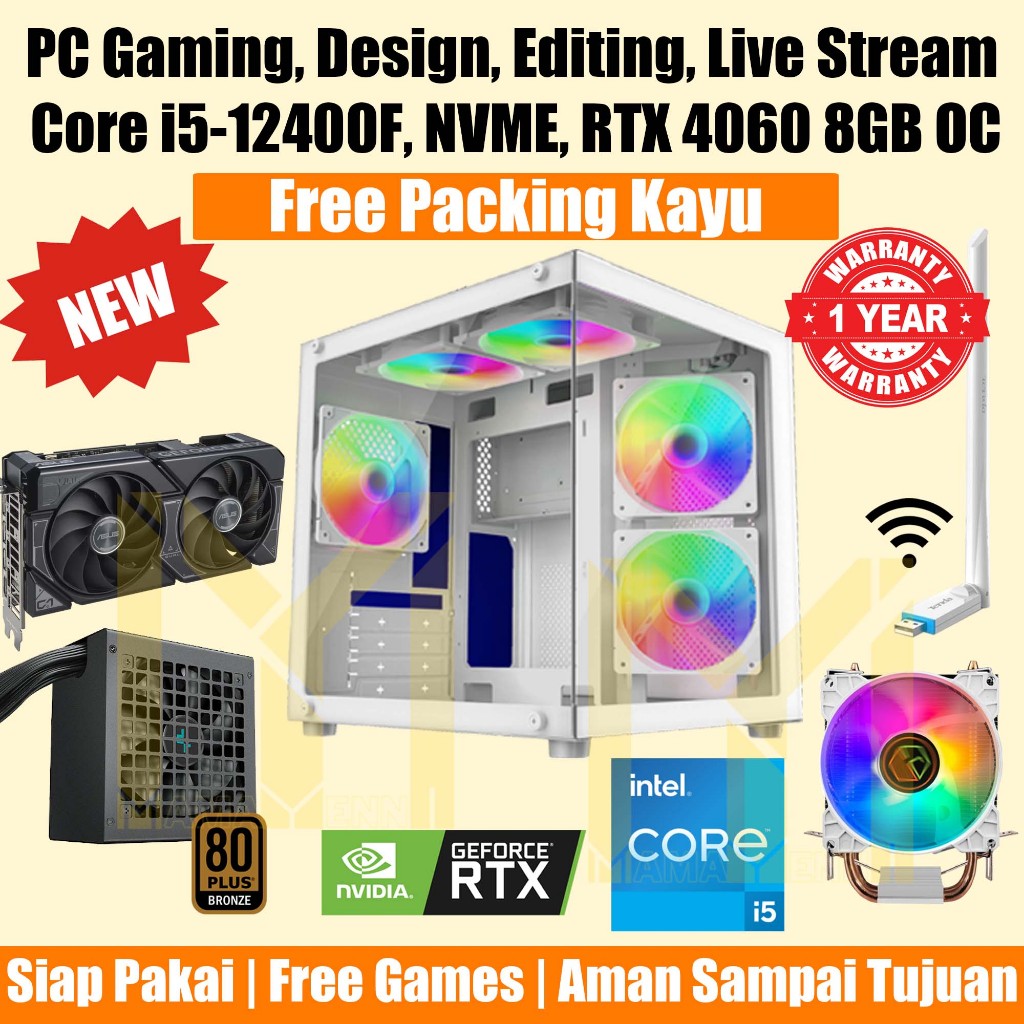 Jual PC Gaming Core i5 12400F 32GB RTX 4060 8GB NVMe/CPU Rakitan Live Streaming/Desain/Editing ...