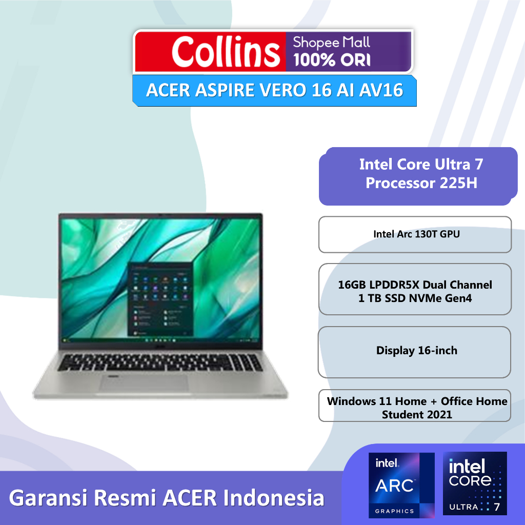 Jual ACER ASPIRE VERO 16 AI AV16 ULTRA 7 255H 16GB 1TB W11+OHS 16 ...
