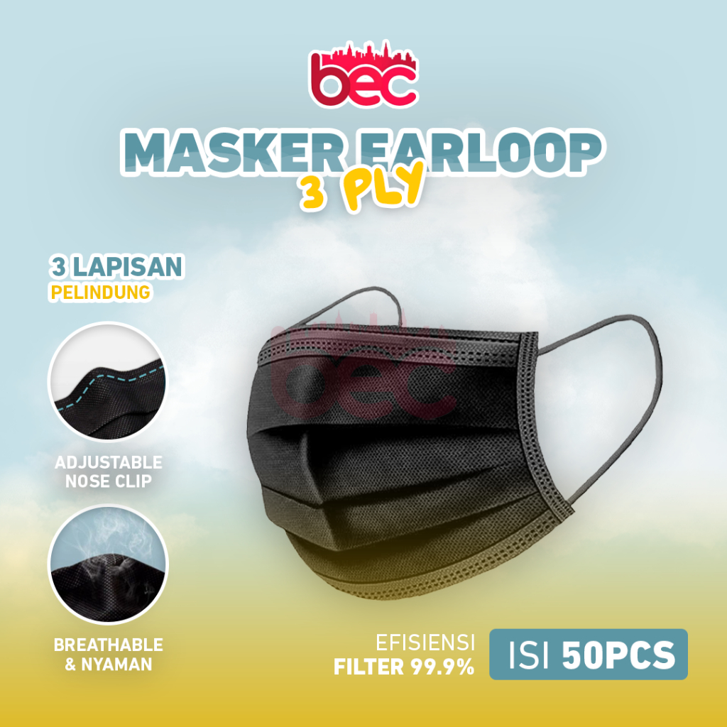 Jual [BEC] Masker Earloop 3 Ply Face Mask Hitam 1 Box Isi 50 Pcs ...